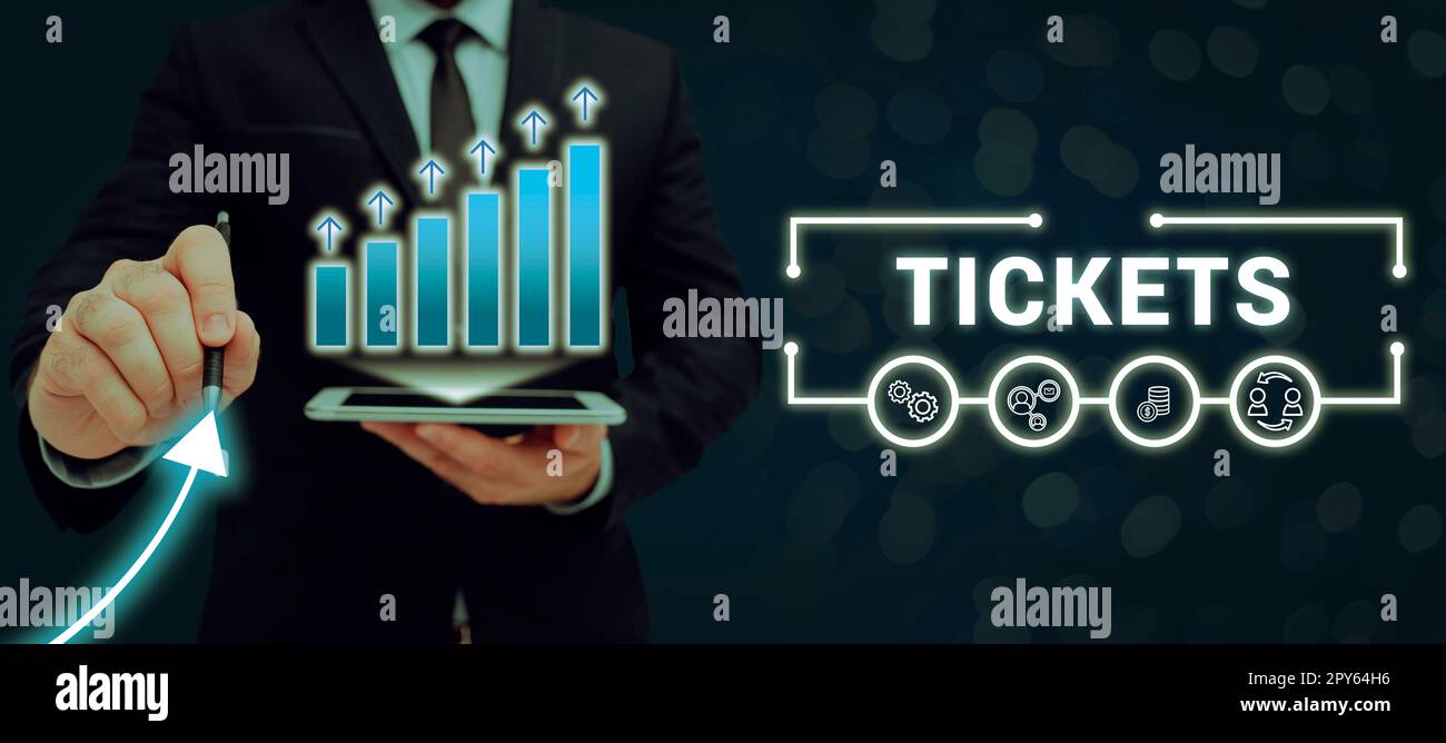 Text sign showing Tickets. Word for small paper bought to provide ...