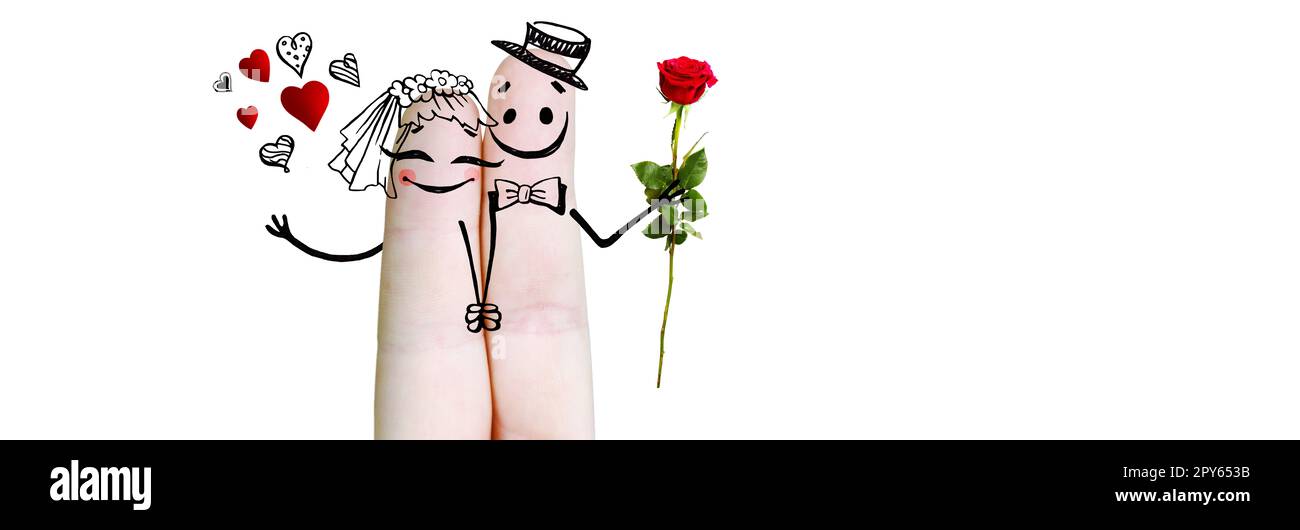 Happy finger couple in love with red rose. 3d illustration Stock Photo ...