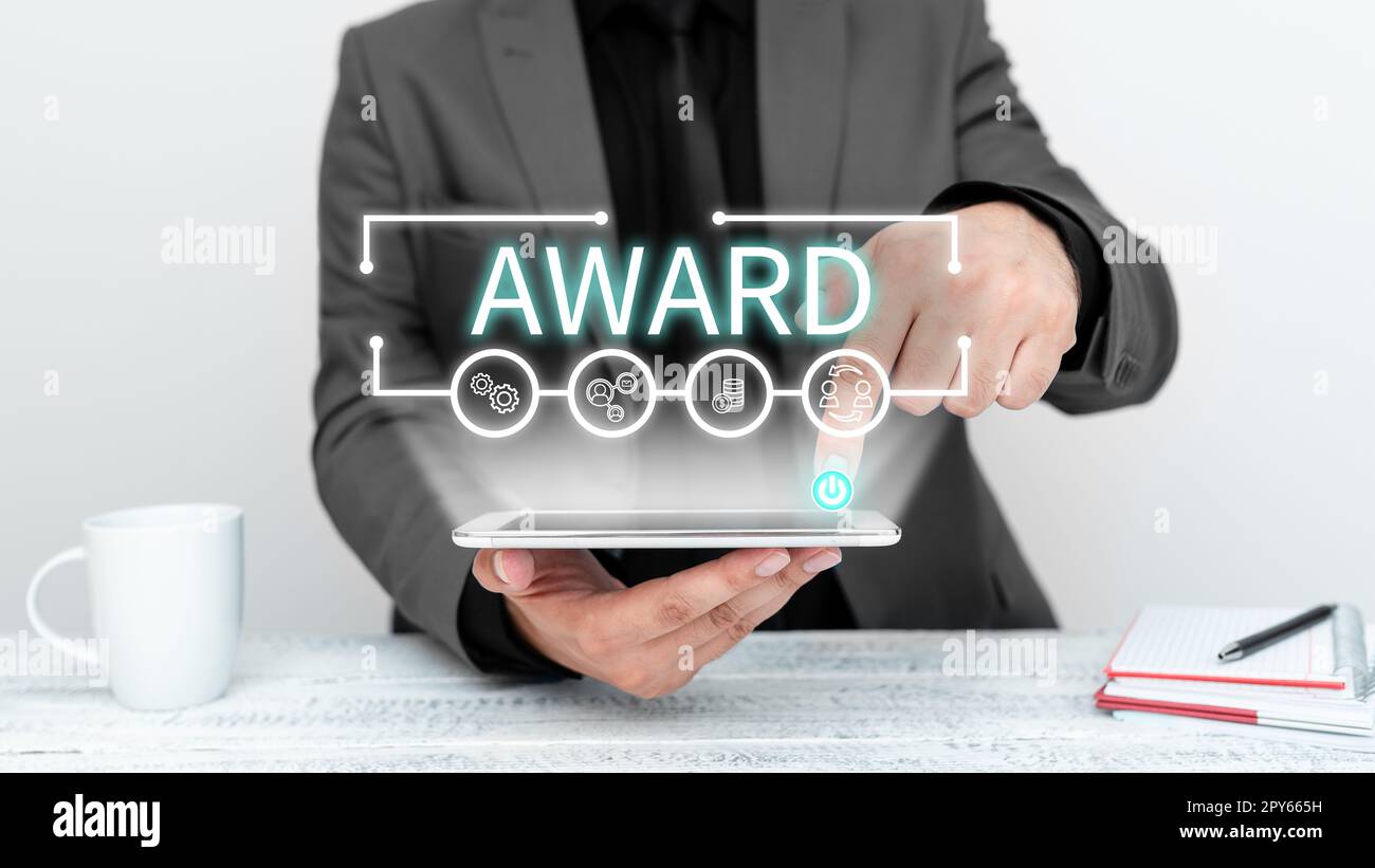 Hand writing sign Award. Business overview Prize and other mark of ...