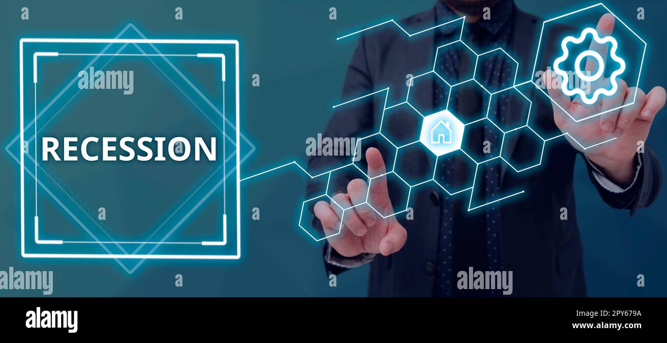 Text caption presenting Recession. Business concept the process of progressive decrease in ...