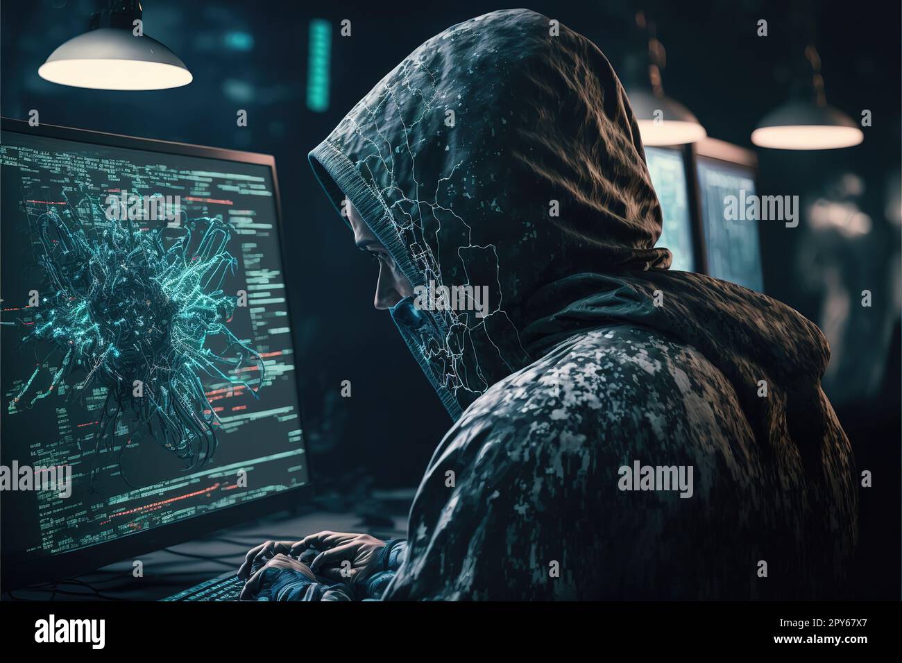 Cyber security concept. Man using computer with system hacked alert due ...