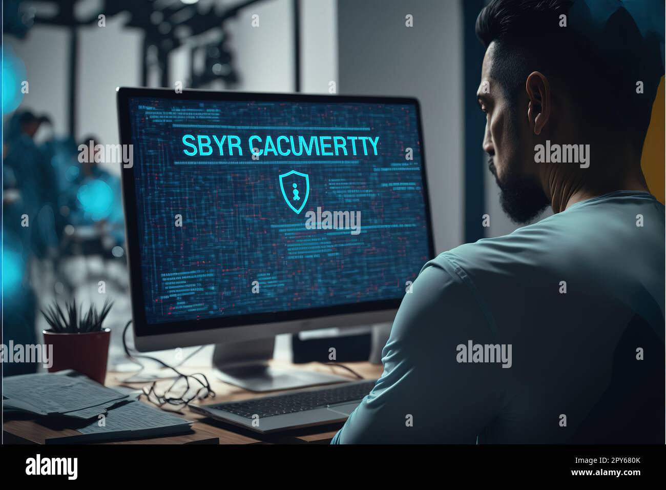 Cyber security concept. Man using computer with system hacked alert due to cyber attack on ...