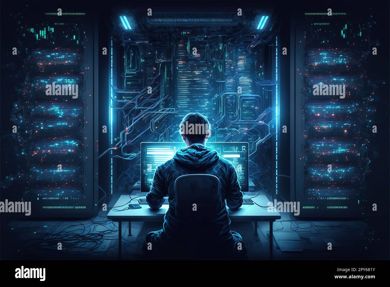 Computer Engineer Working On Laptop Computer With Server Room Data Center Big Data Storage As