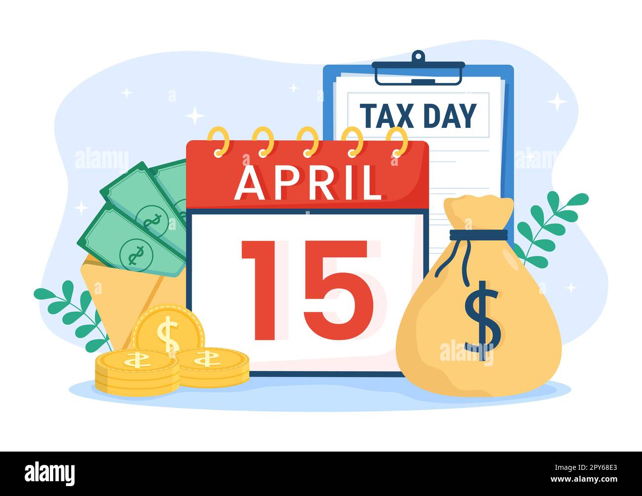 Tax Day Illustration with Clipboard Form, Clock, Calendar and Coins ...