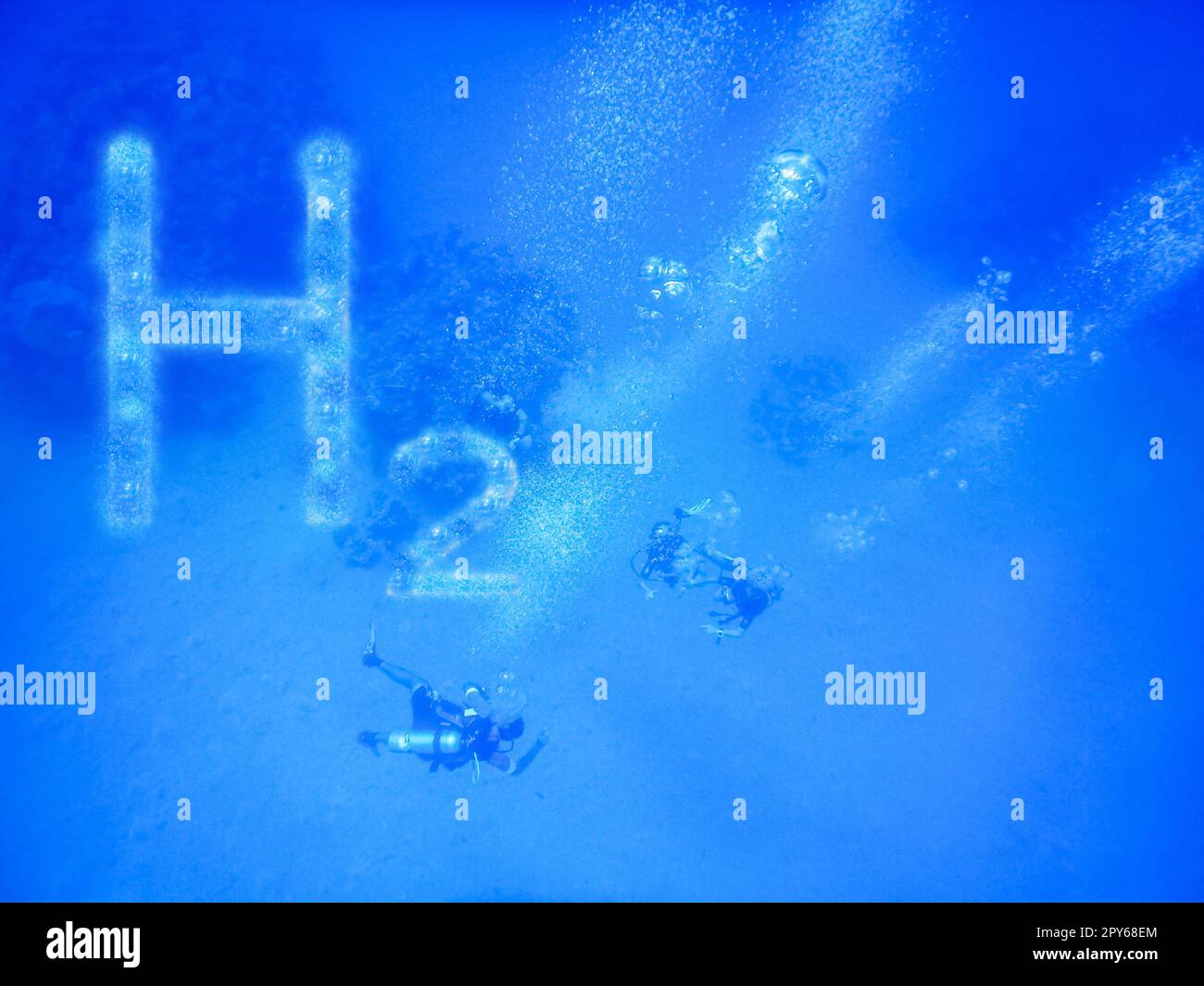 3D illustration renewable energy blue h2 hydrogen and divers in the ...