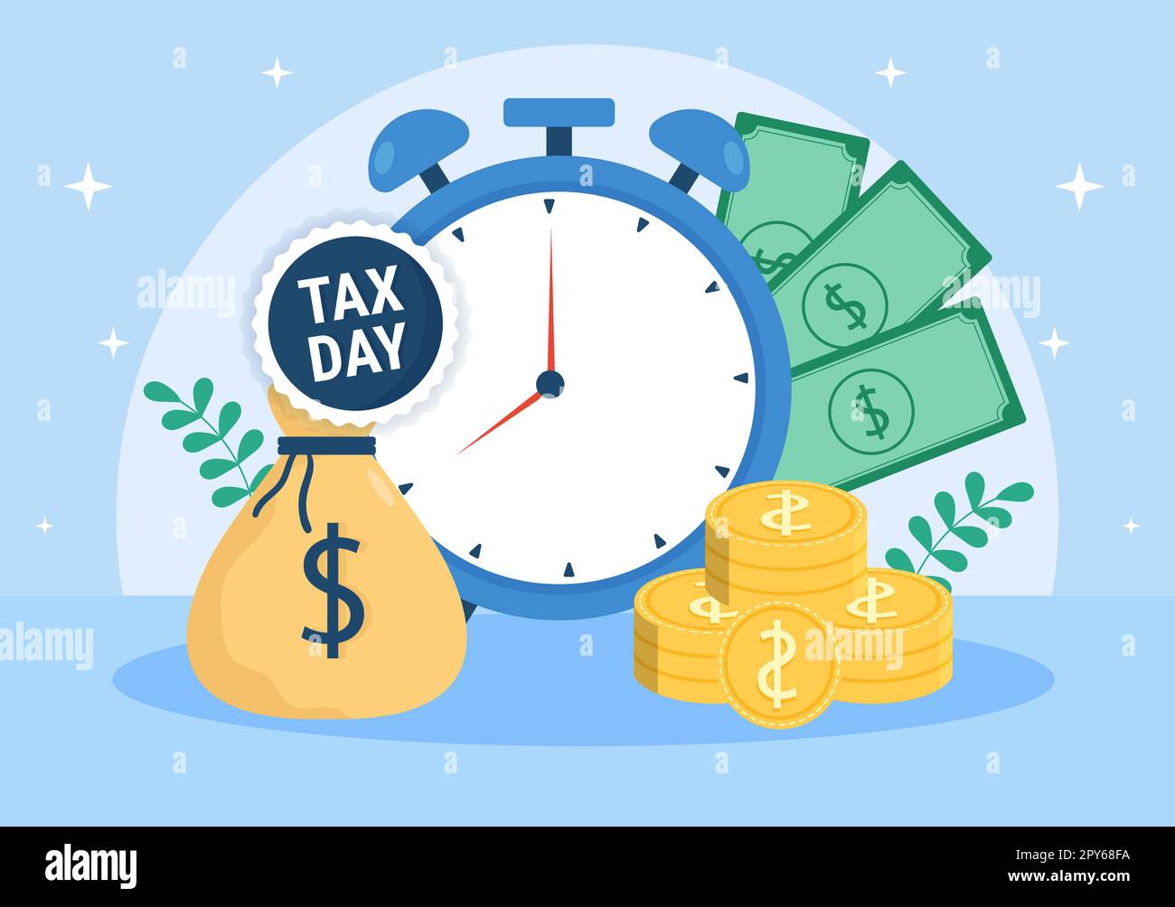Tax Day Illustration with Clipboard Form, Clock, Calendar and Coins ...