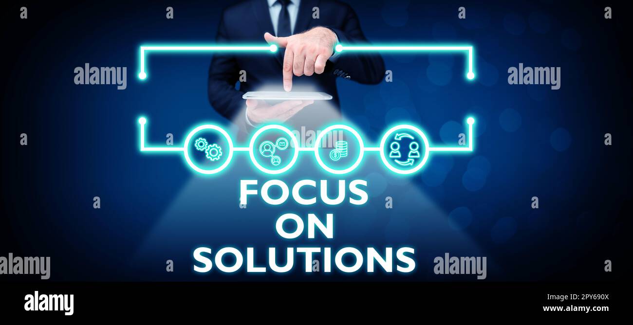 Text caption presenting Focus On Solutions. Business overview powerful practical way to achieve ...