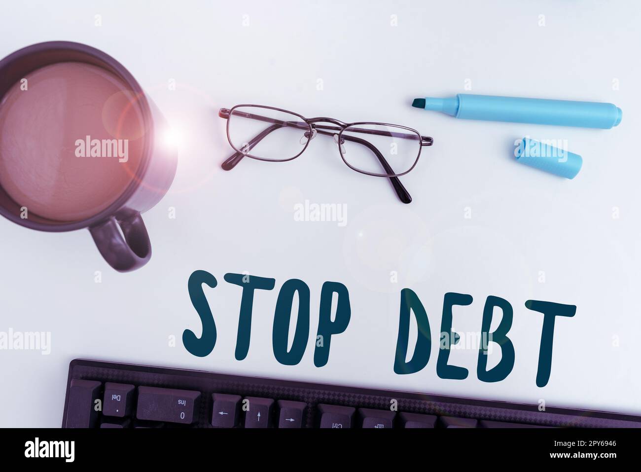 Text caption presenting Stop Debt. Word for does not owning any money ...