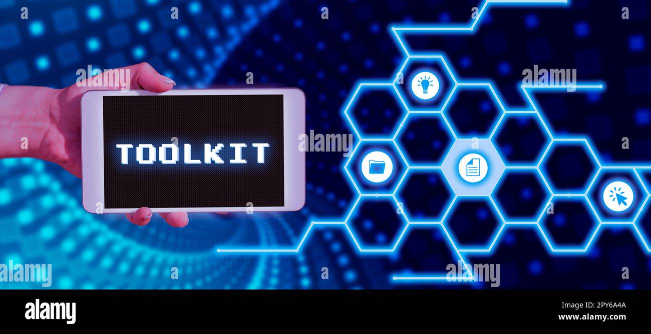 Text caption presenting Toolkit. Business idea set of tools kept in a ...