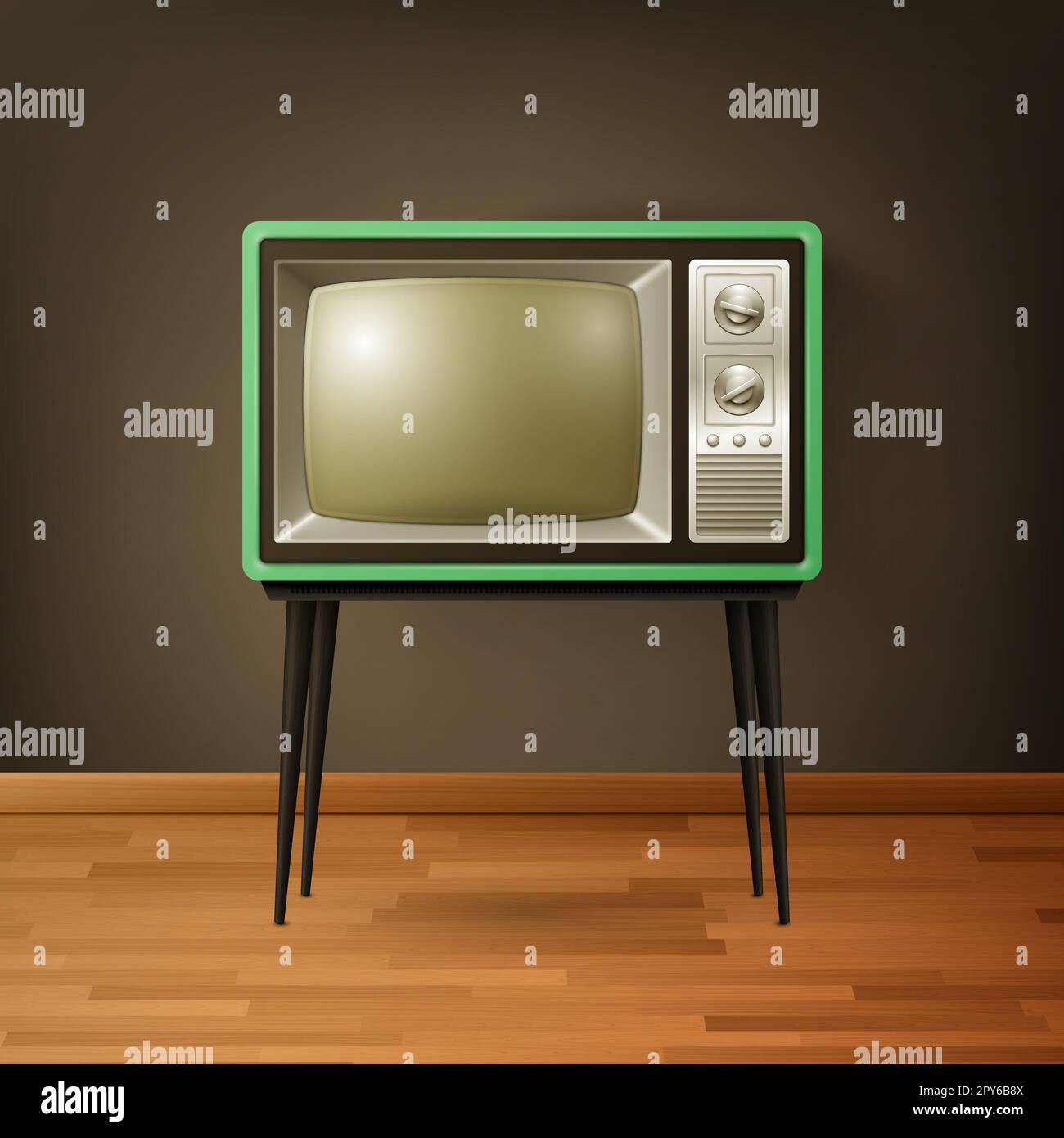 Vector 3d Realistic Retro TV Receiver on Wooden Floor. Home Interior ...
