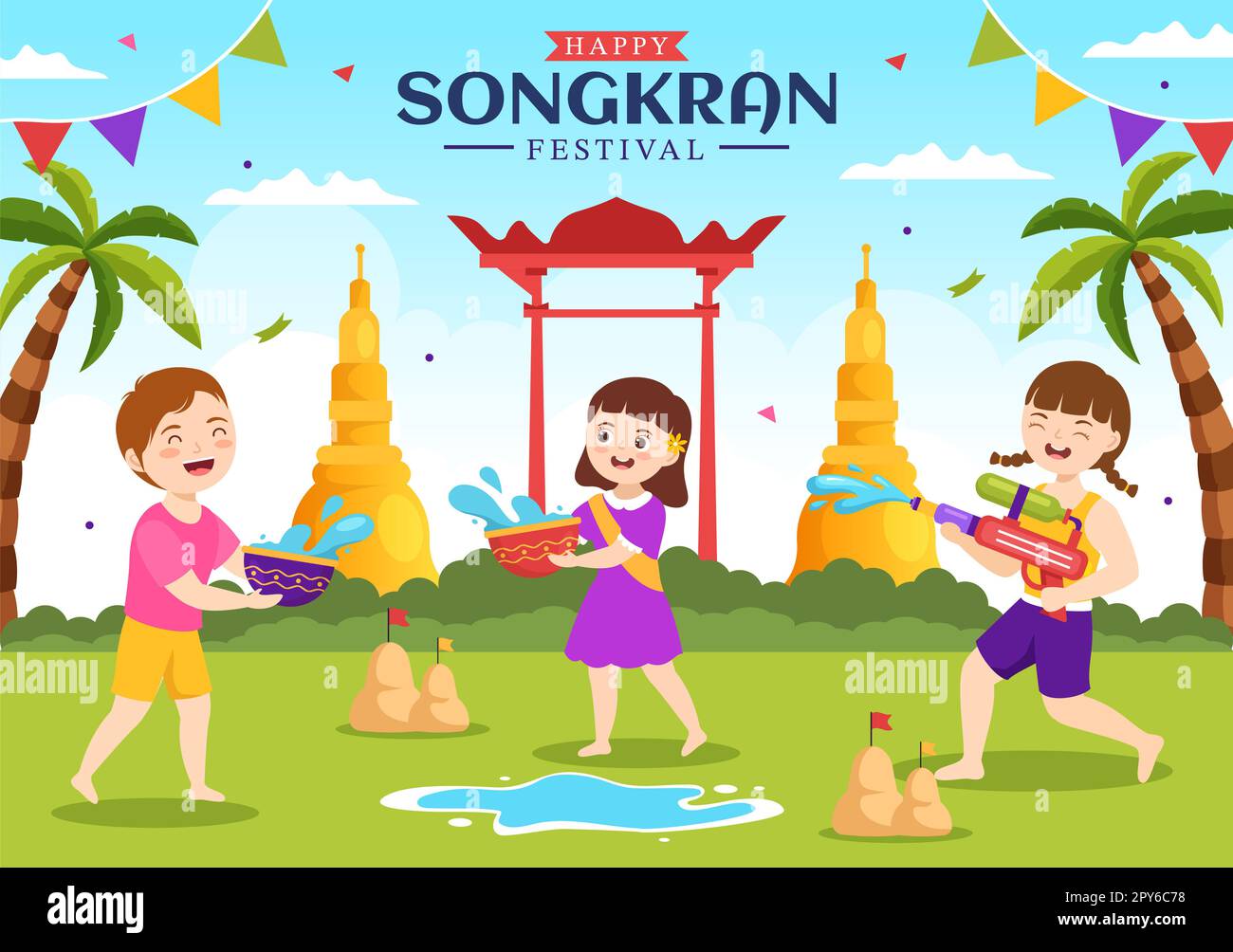 Happy Songkran Festival Day Illustration with Kids Playing Water Gun in ...
