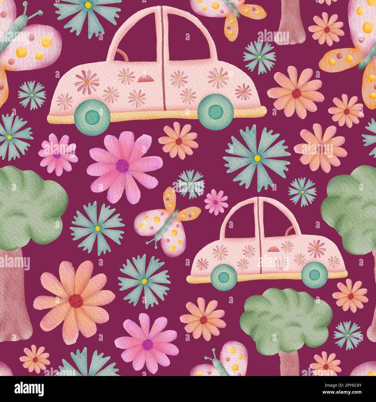 Cars, butterflies and flowers repeat pattern Stock Photo - Alamy