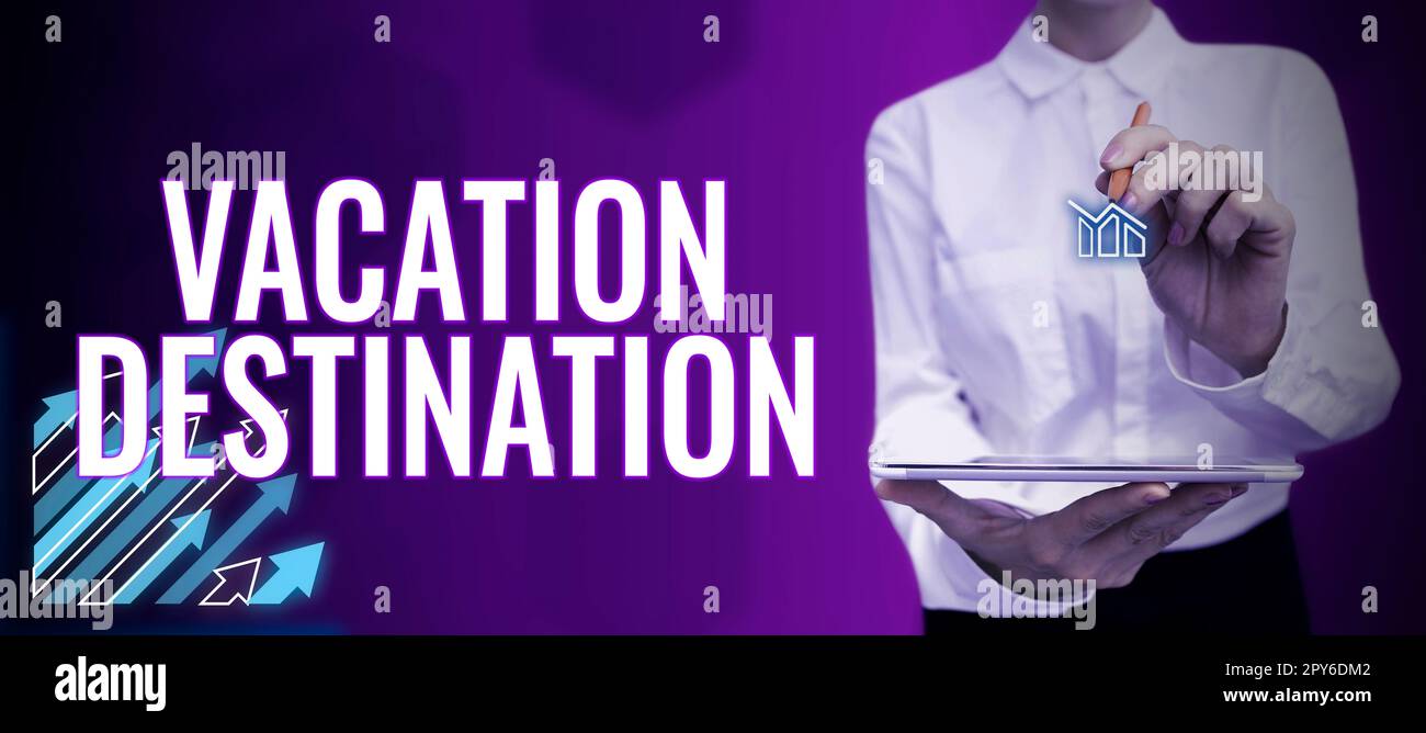 Text caption presenting Vacation Destination. Concept meaning a place ...