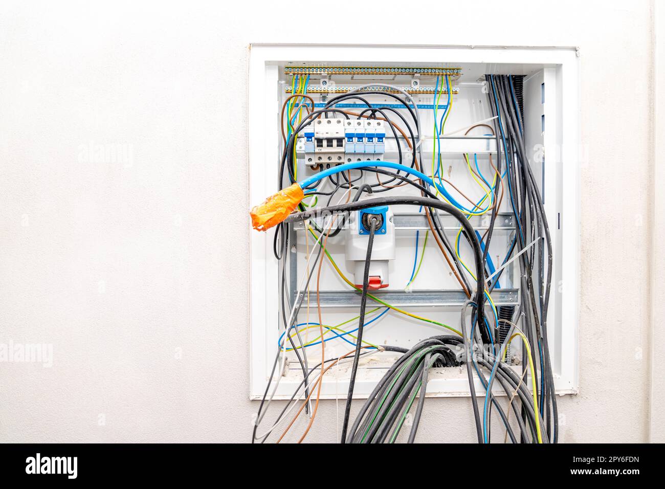 electrical switchboard on the construction of a family house Stock ...