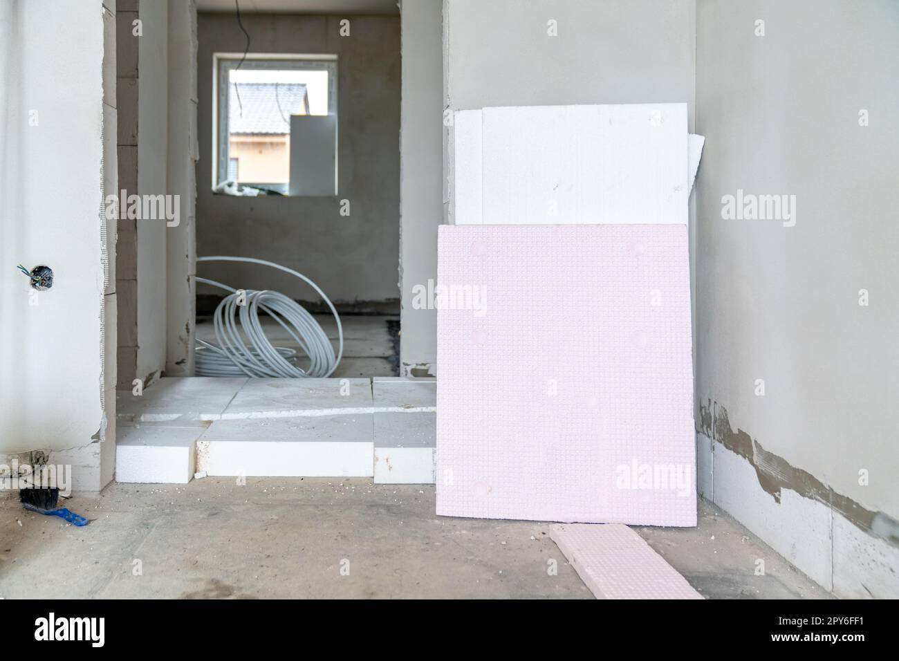insulation of floors with polystyrene on the construction site Stock ...