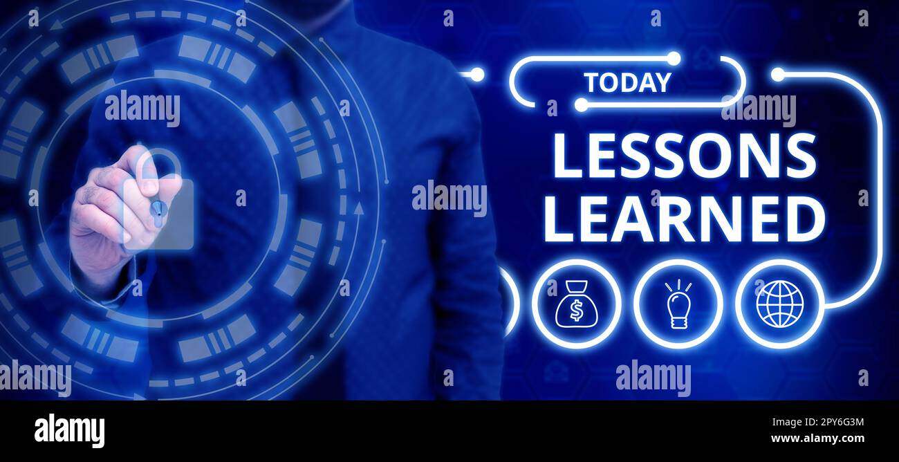 Sign displaying Lessons Learned. Word Written on Promote share and use knowledge derived from ...
