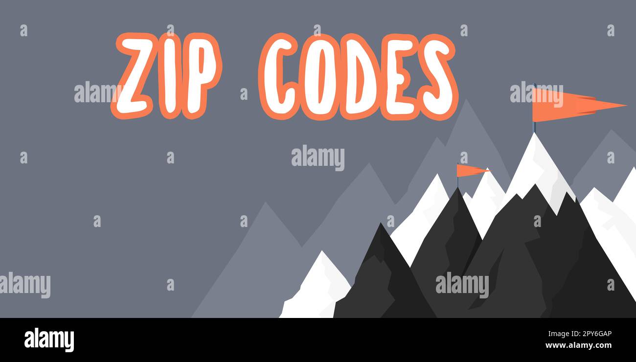 Sign displaying Zip Codes. Word Written on numbers added to a postal ...