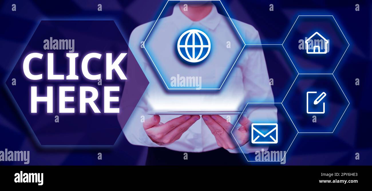 Text caption presenting Click Here. Business showcase carry out a ...