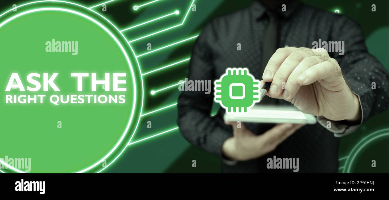 Text caption presenting Ask The Right Questions. Word Written on Look ...