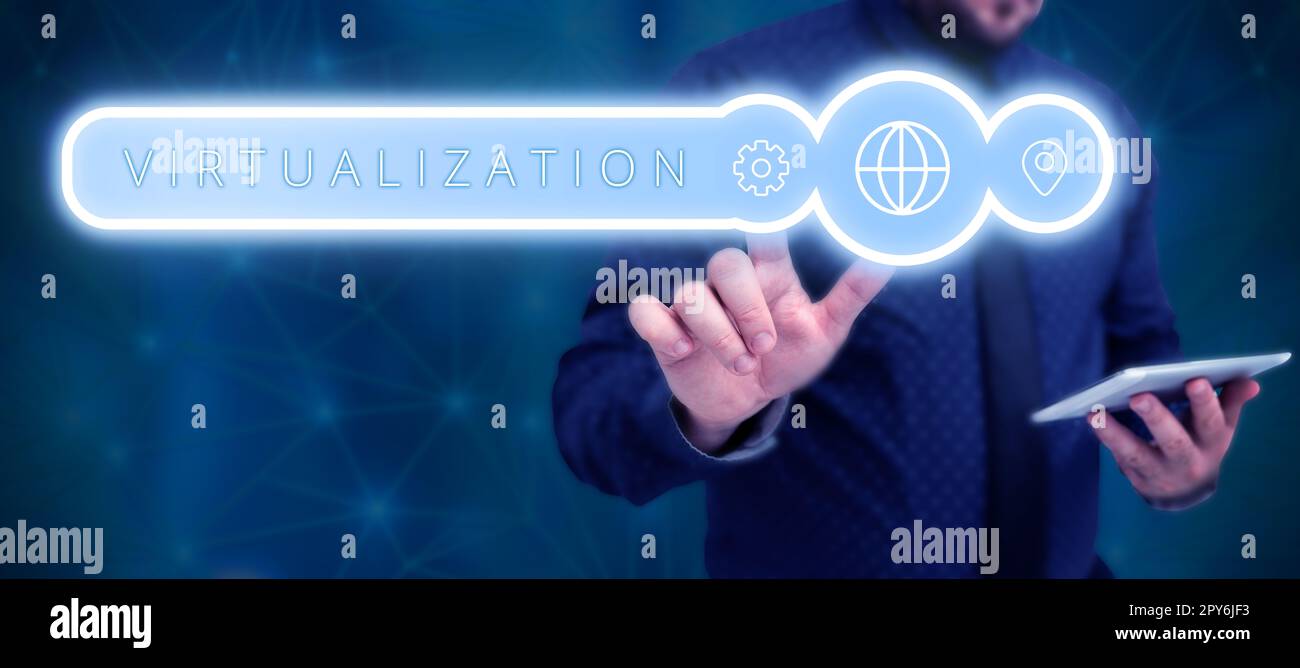 Conceptual caption Virtualization. Business showcase application of virtual environment to ...