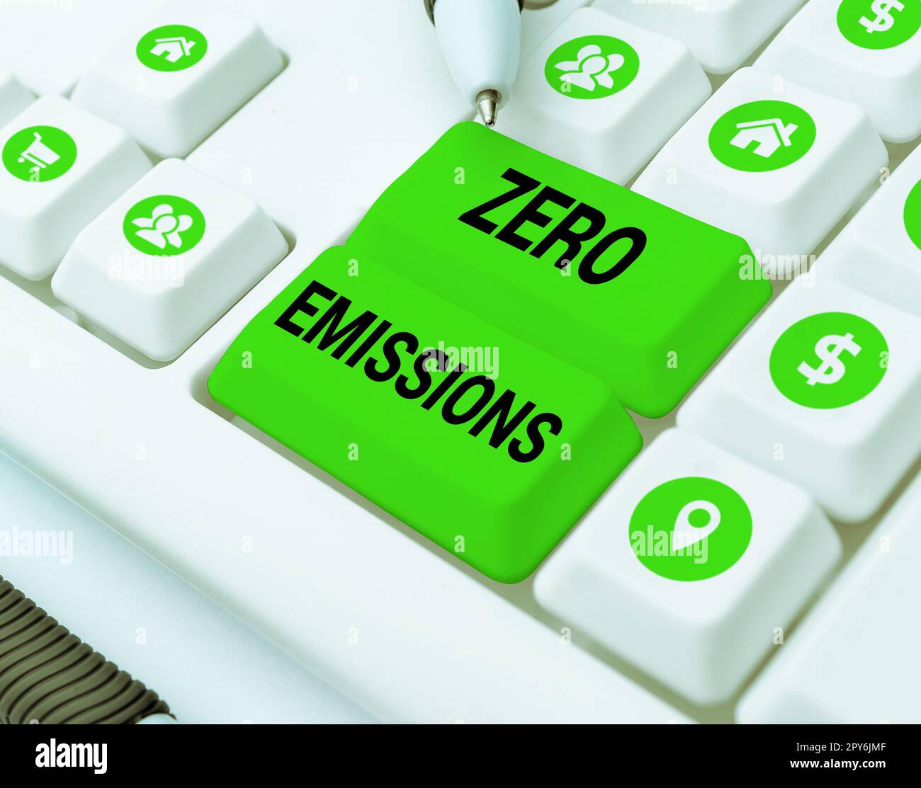 Text caption presenting Zero Emissions. Business approach emits no ...