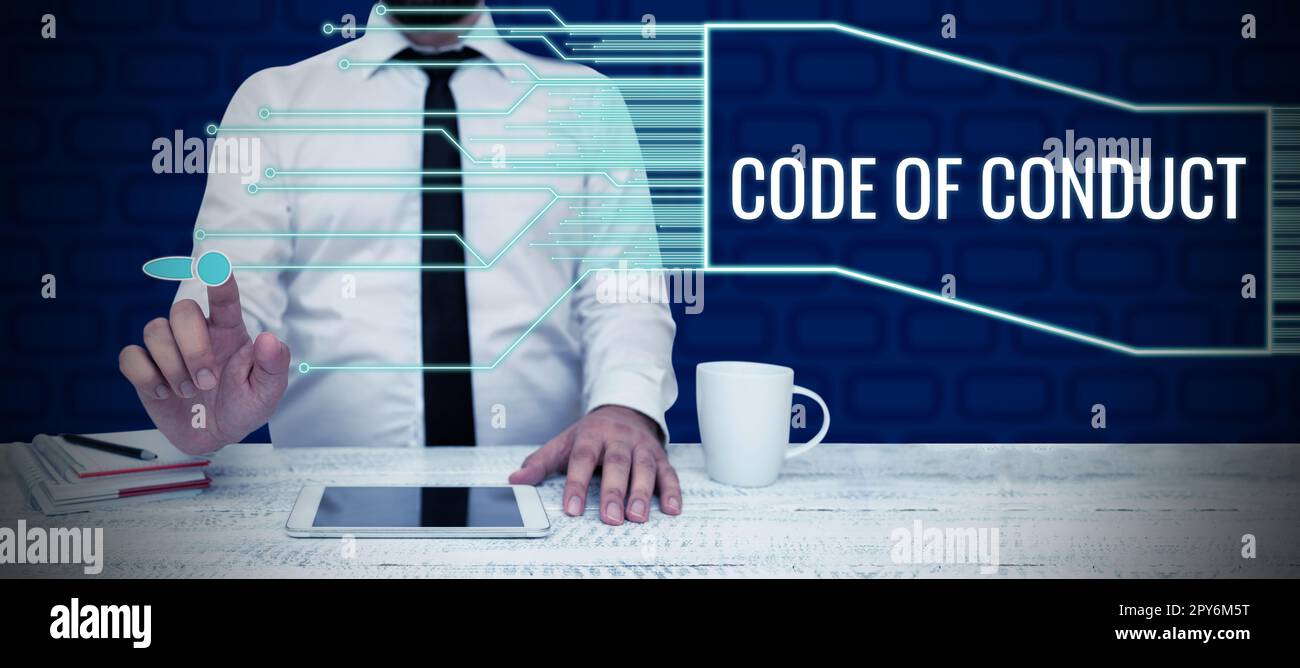 Hand writing sign Code Of Conduct. Business approach Ethics rules moral ...