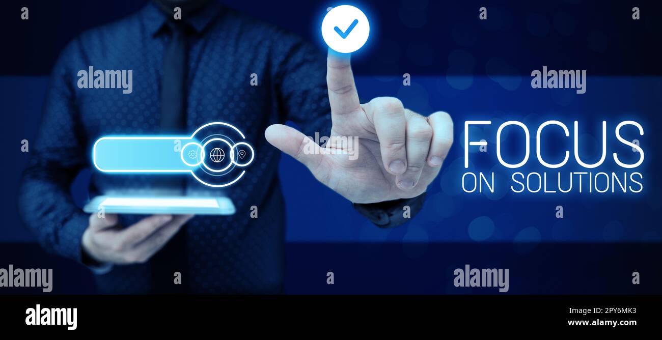 Hand writing sign Focus On Solutions. Business approach powerful ...