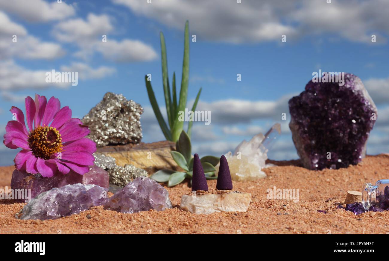 Chakra Stones and Flowers on Australian Red Sand Stock Photo - Alamy