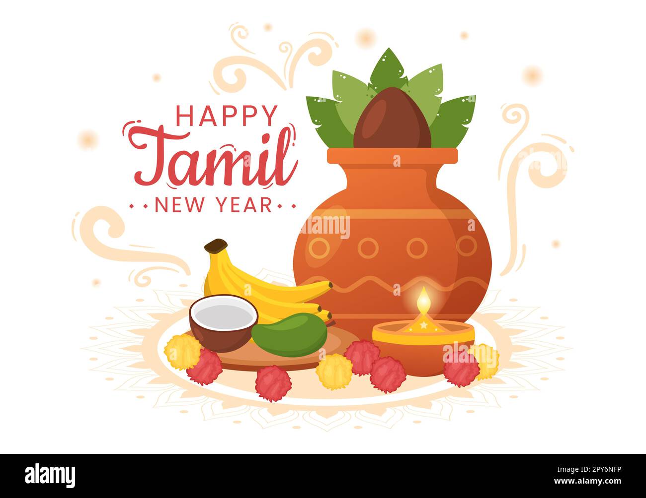 Happy Tamil New Year Illustration with Vishu Flowers, Pots and Indian Hindu Festival in Flat ...