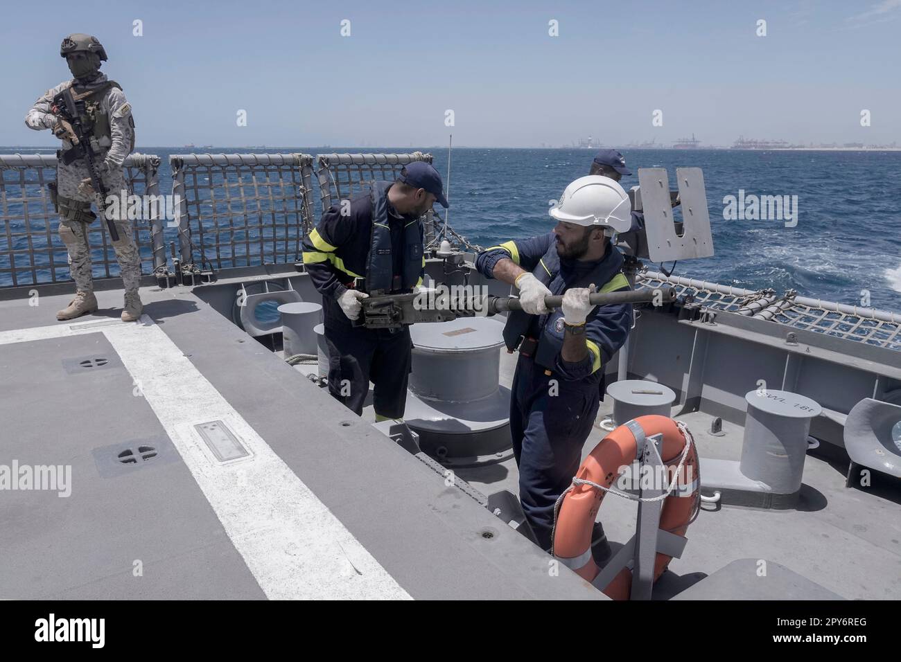 Saudi soldiers prepare a canon at Al-Jubail military ship on the Red ...