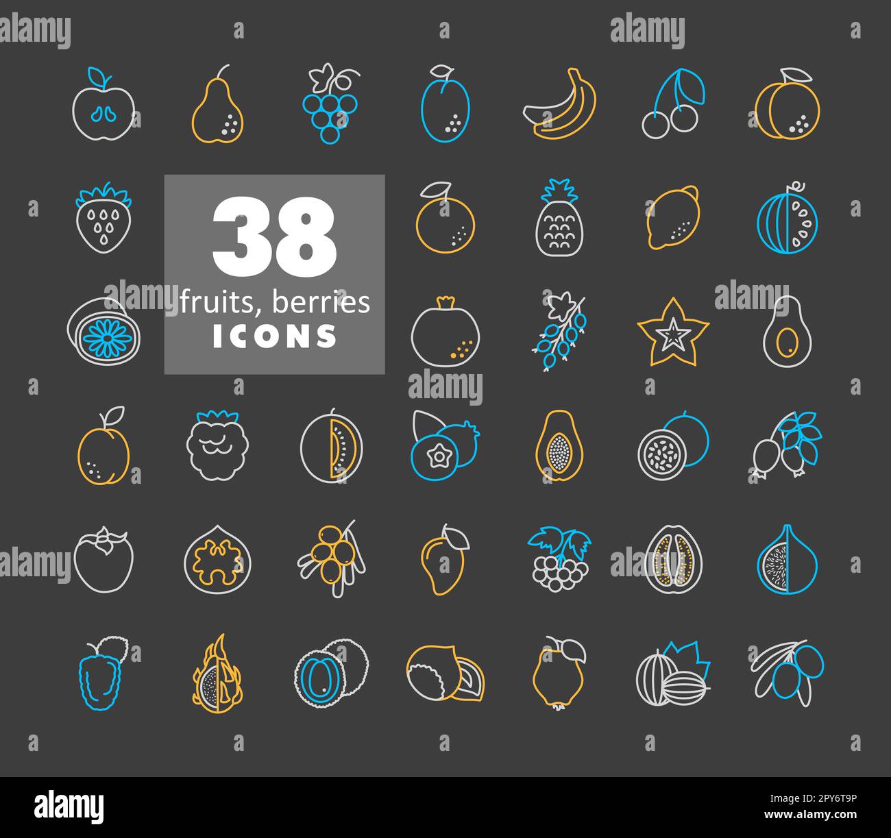 Set of Fruits and Berries vector on dark background icon. Graph symbol ...