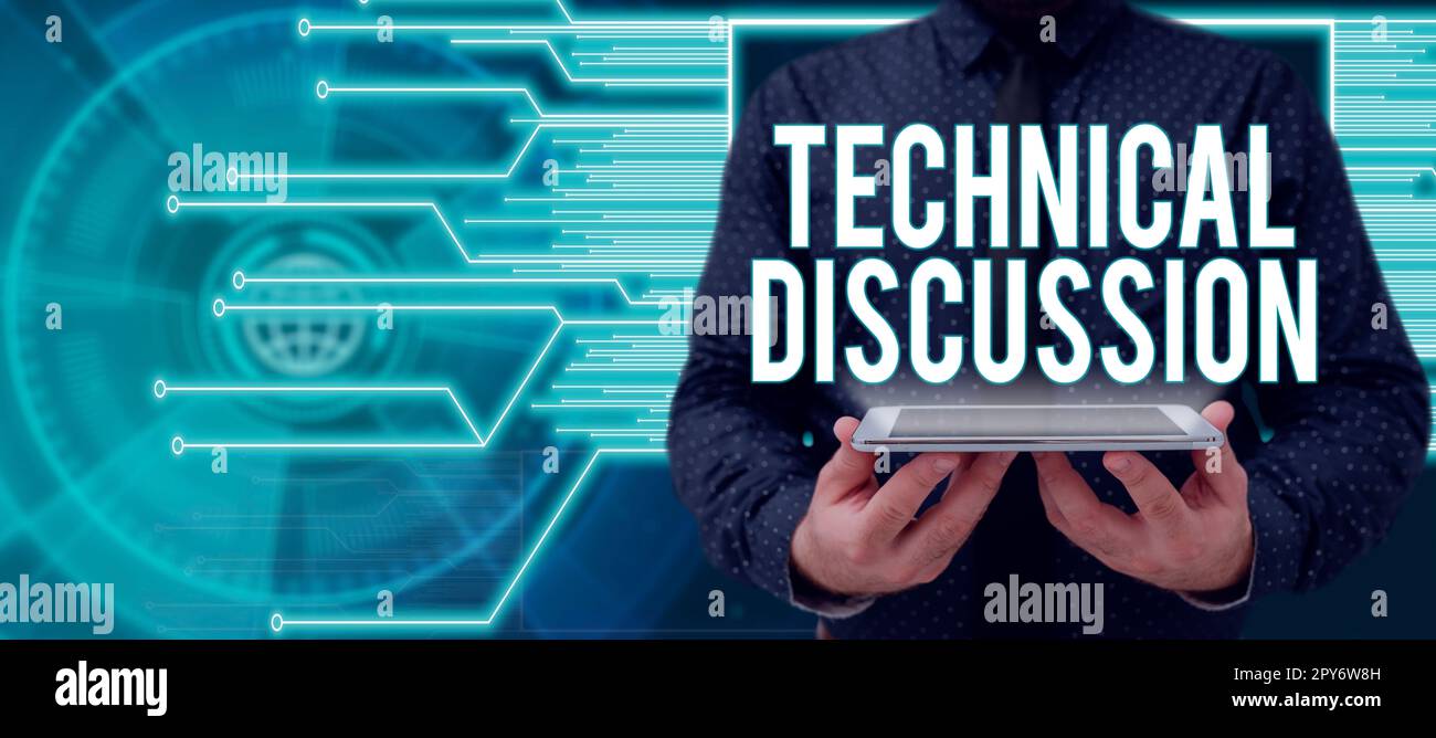 Writing displaying text Technical Discussion. Business concept conversation or debate about a ...