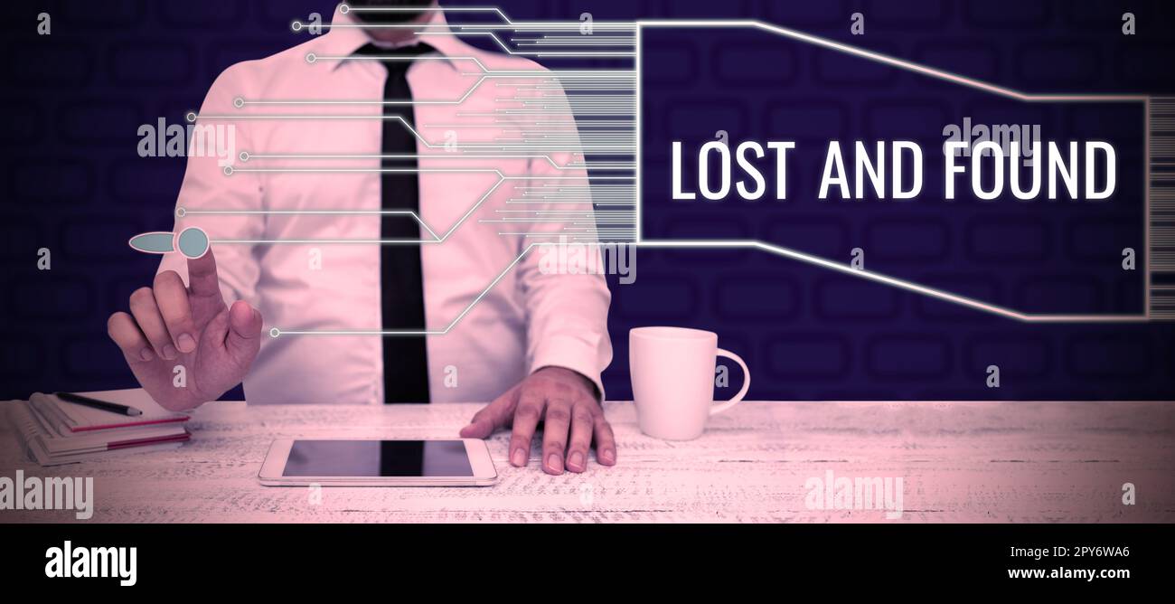 Hand writing sign Lost And Found. Business showcase Place where you can find forgotten things ...