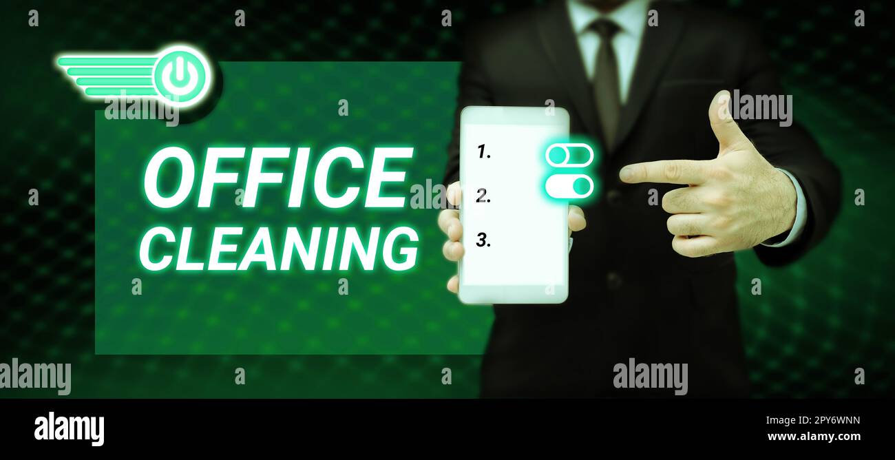 Text caption presenting Office Cleaning. Business concept the action or ...