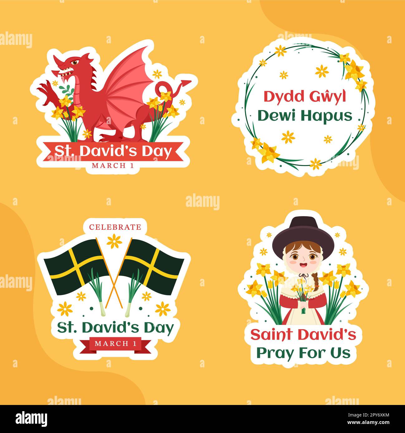 Happy St David's Day Label Flat Cartoon Hand Drawn Templates Background ...