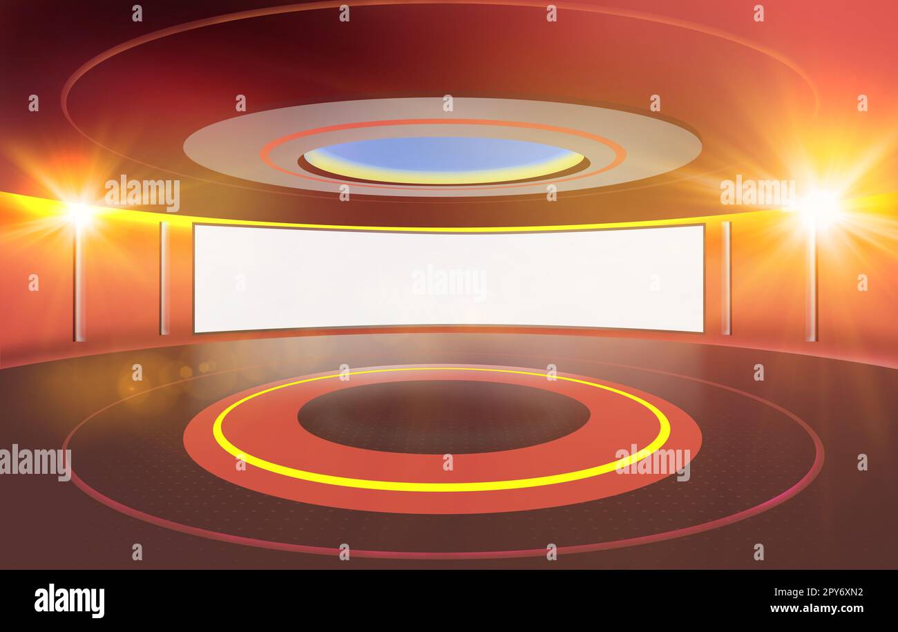 Graphical studio space background with big screen and center stage ...