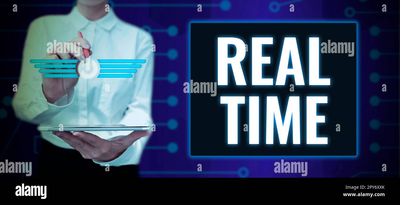 Text caption presenting Real Time. Concept meaning the actual time ...