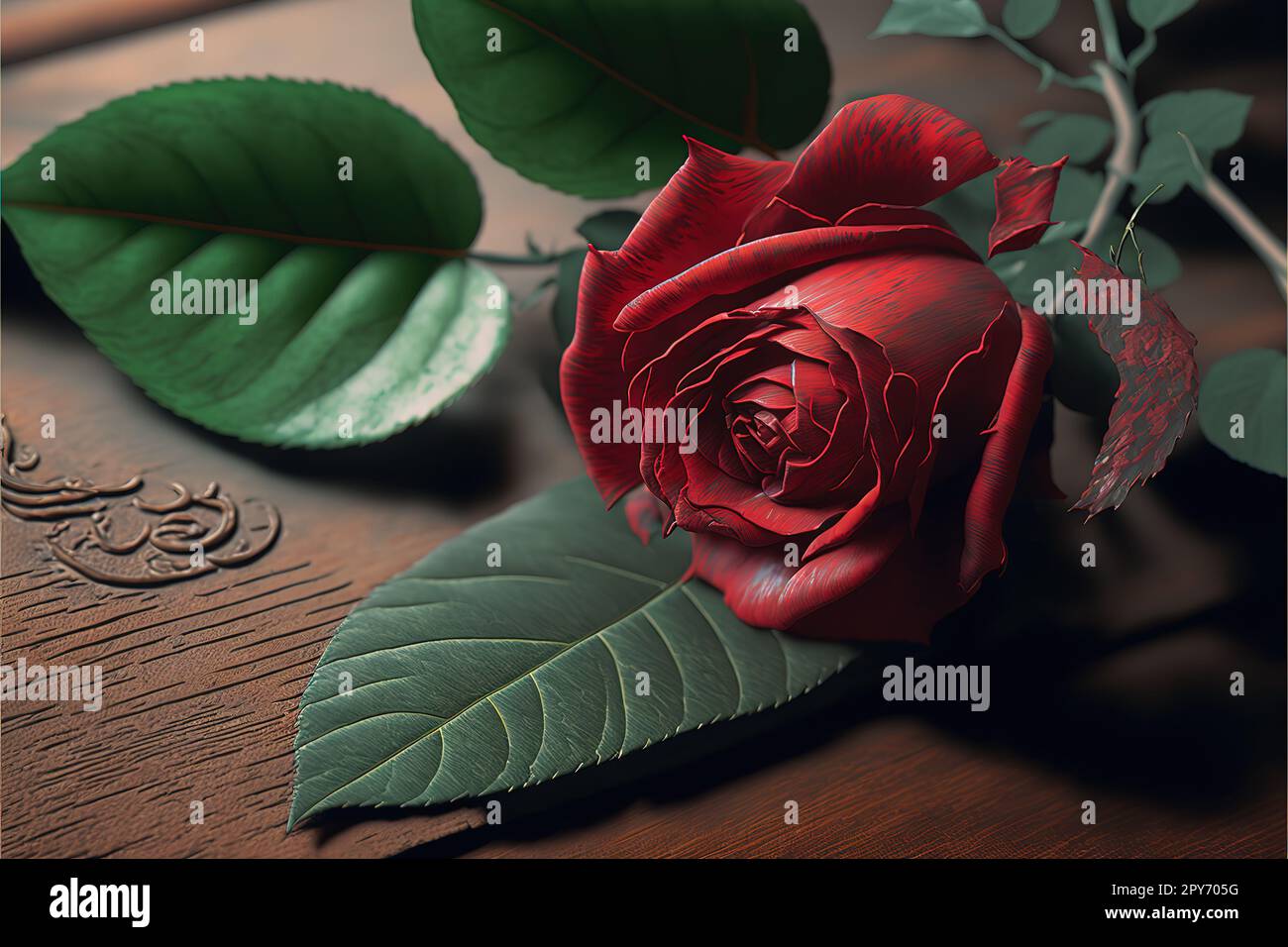 Close up picture of red rose and leaves on the table Stock Photo - Alamy