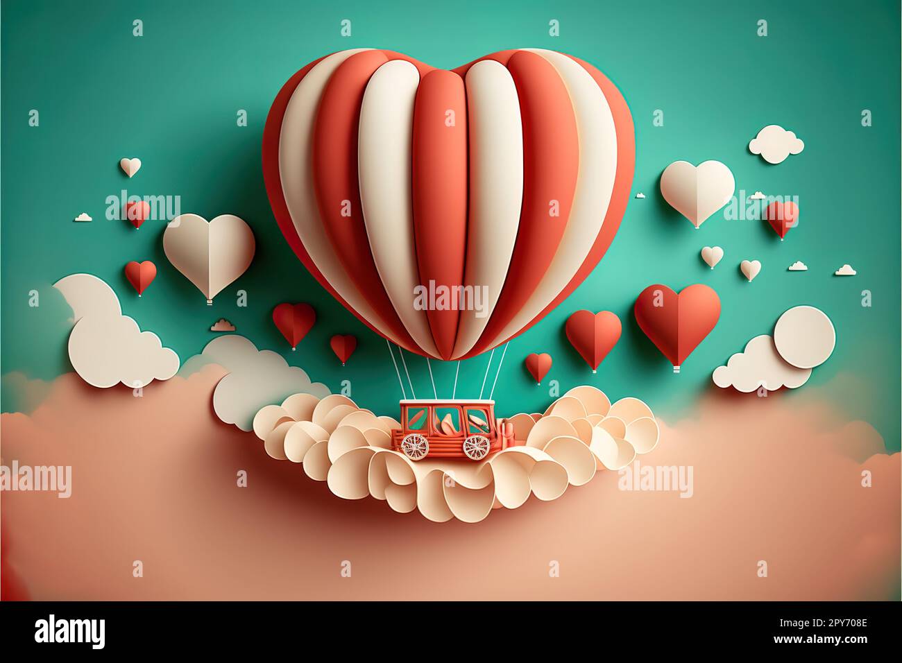 Love or Valentine's day background with heart shaped hot air balloon ...