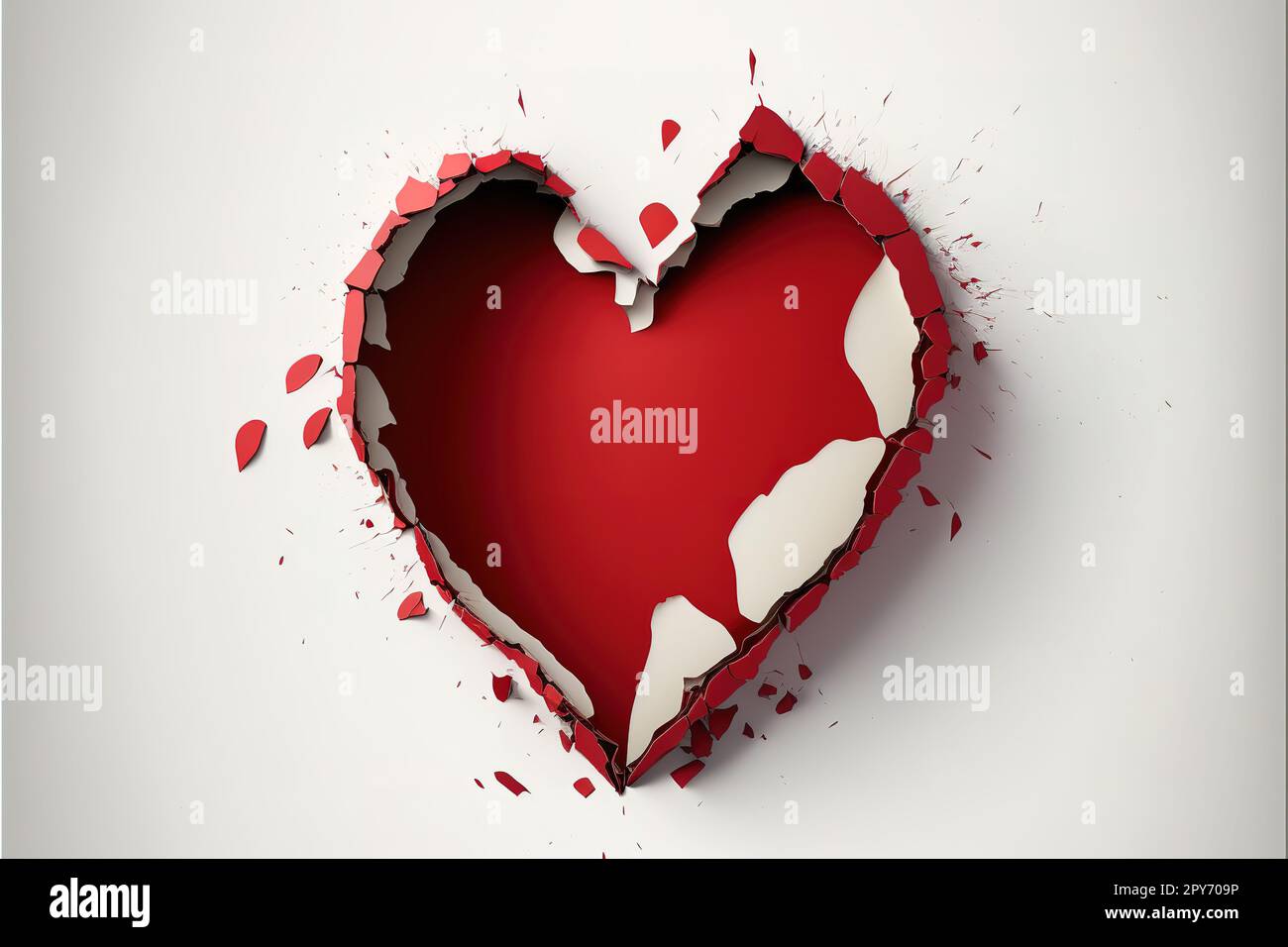 Heart shaped red hole torn through paper, isolated on white background ...