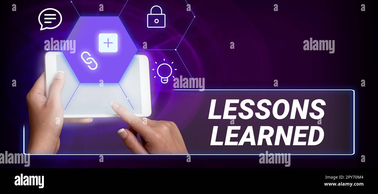 Sign displaying Lessons Learned. Business overview Promote share and ...