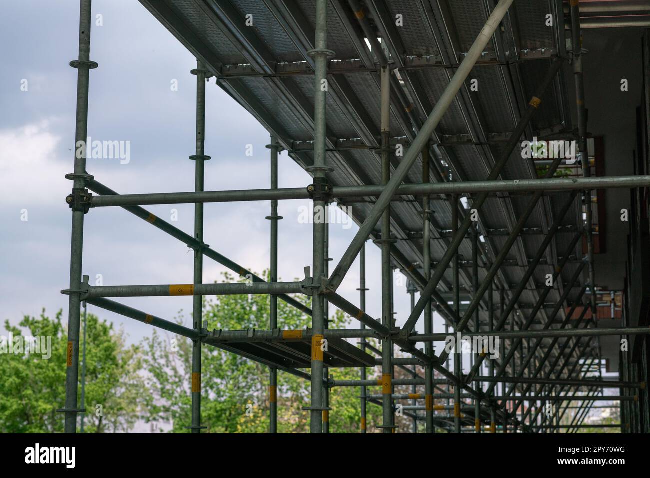 scaffolding and construction site in a building with prefabricated ...
