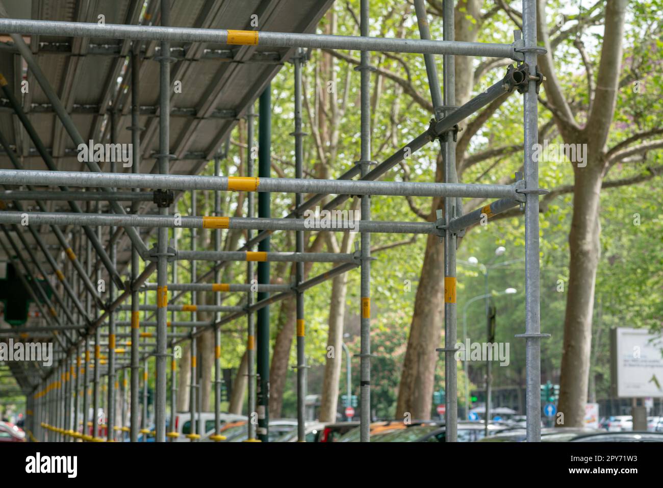 scaffolding and construction site in a building with prefabricated ...
