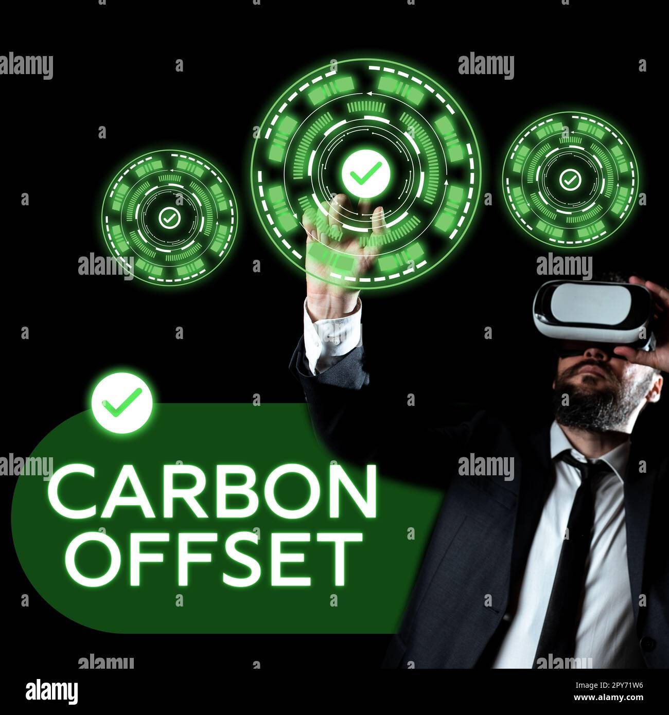 Sign displaying Carbon Offset. Business overview Reduction in emissions ...