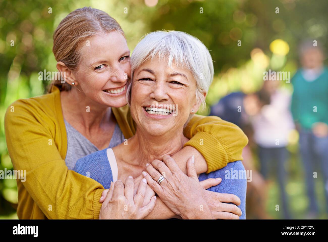 Mom, old woman and laughing with hug outdoor for happiness, love and ...
