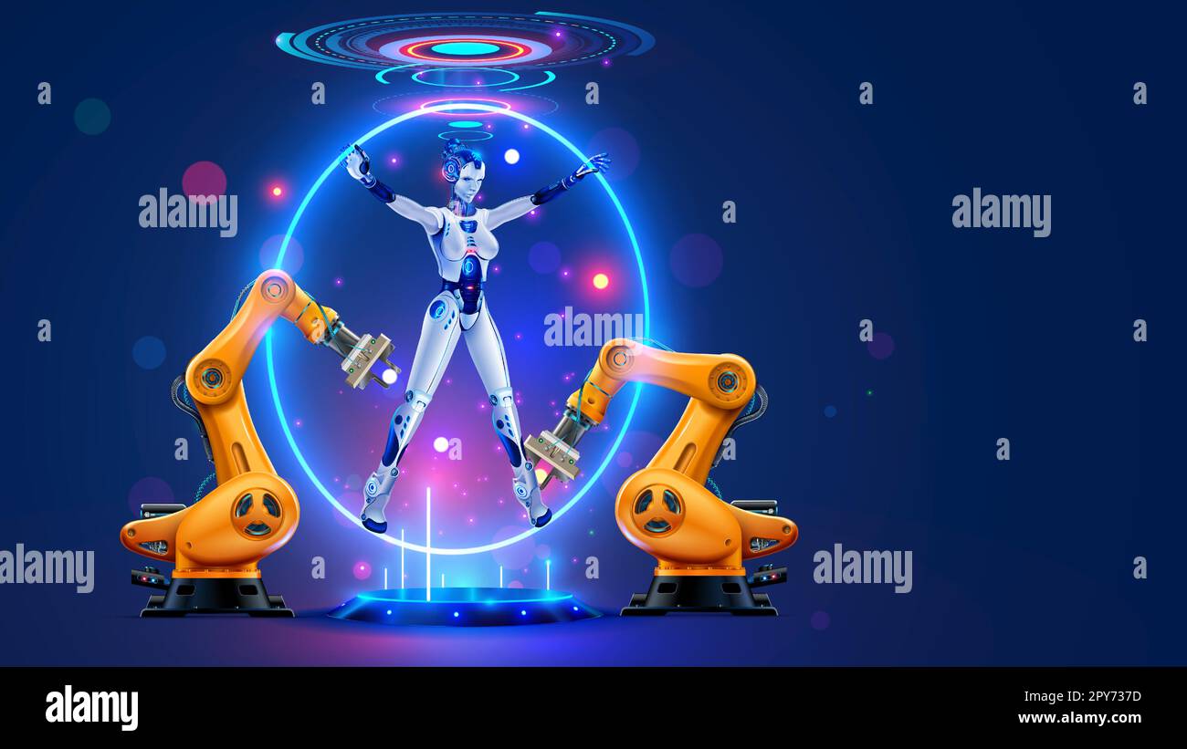 Robot cyborg with AI assembling on factory. Automation manufacturing, industry 4.0 concept ...