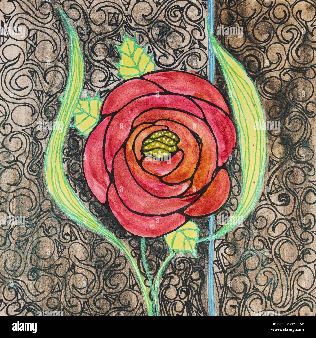 Art deco rose with doodled background. The dabbing technique near the ...