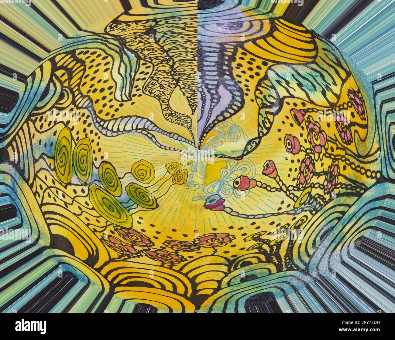 Abstract doodle sunny landscape in vortex. The dabbing technique near ...