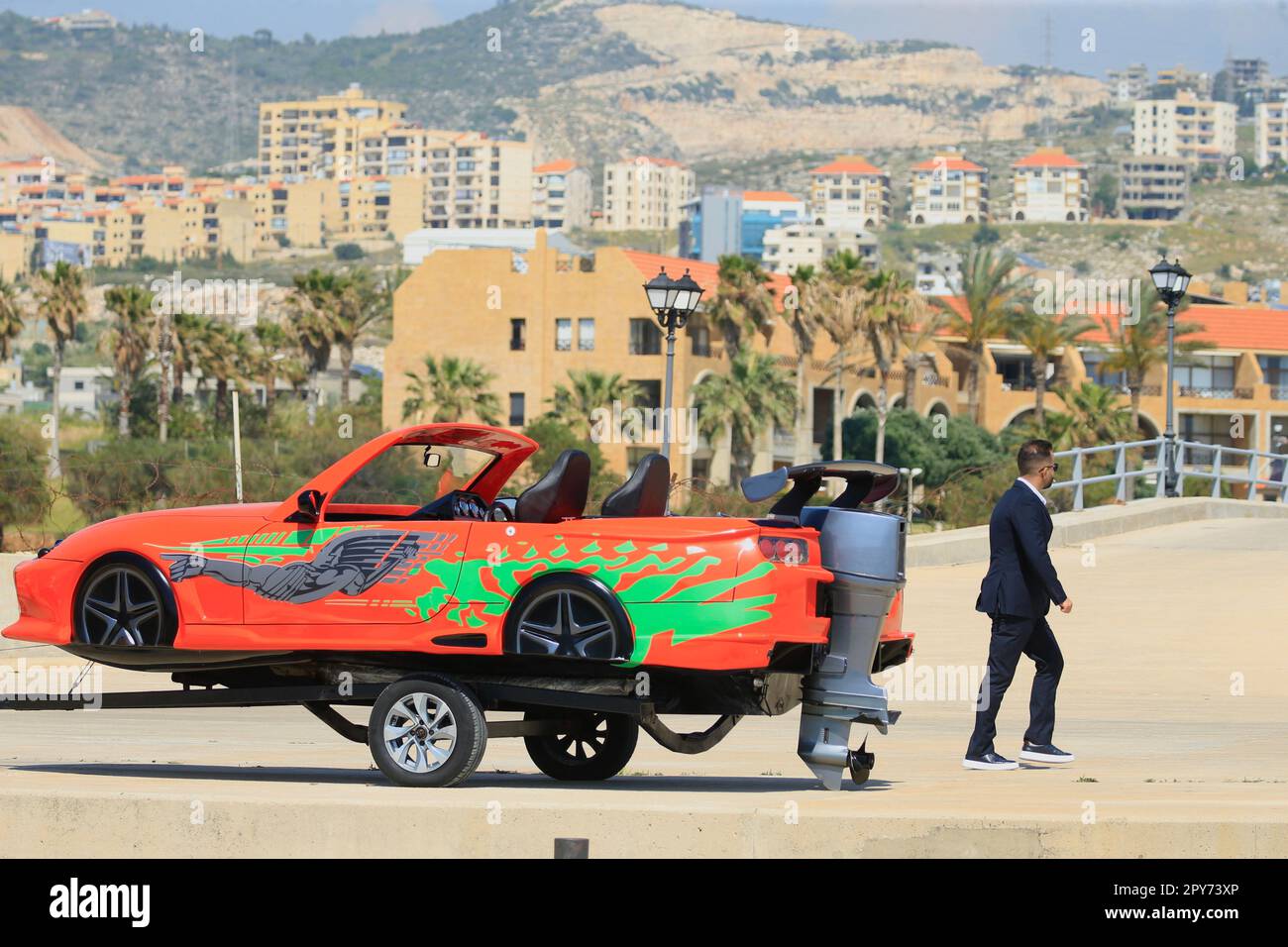 Beirut, Lebanon. 2nd May, 2023. A boat with the shape of a car is seen ...