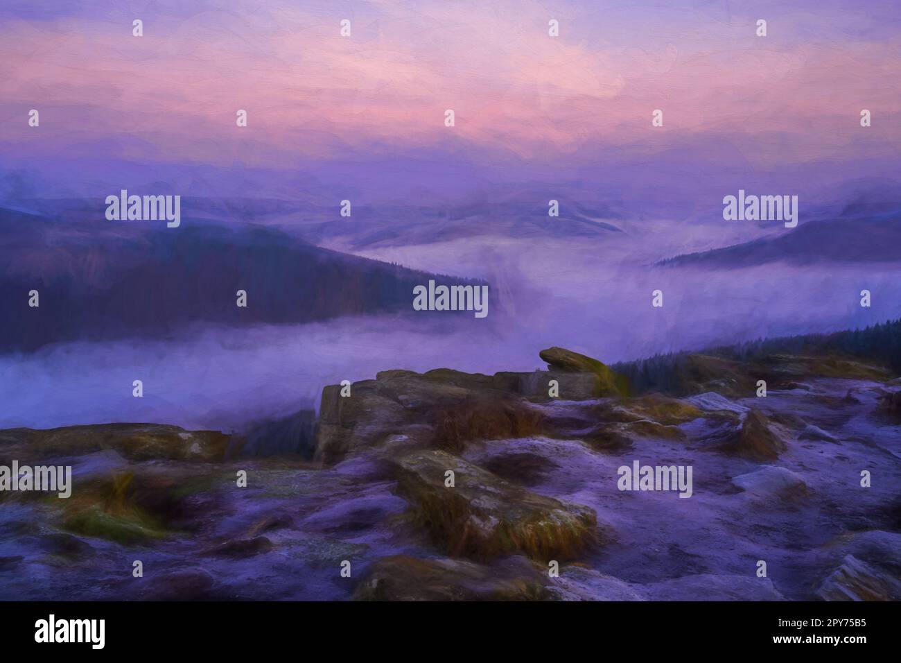 Bamford Edge. Ladybower, and Hope Valley. Digital oil painting of a ...